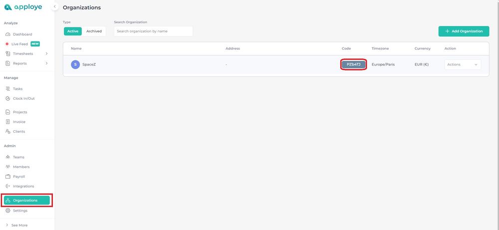 How to find the organization code in Apploye