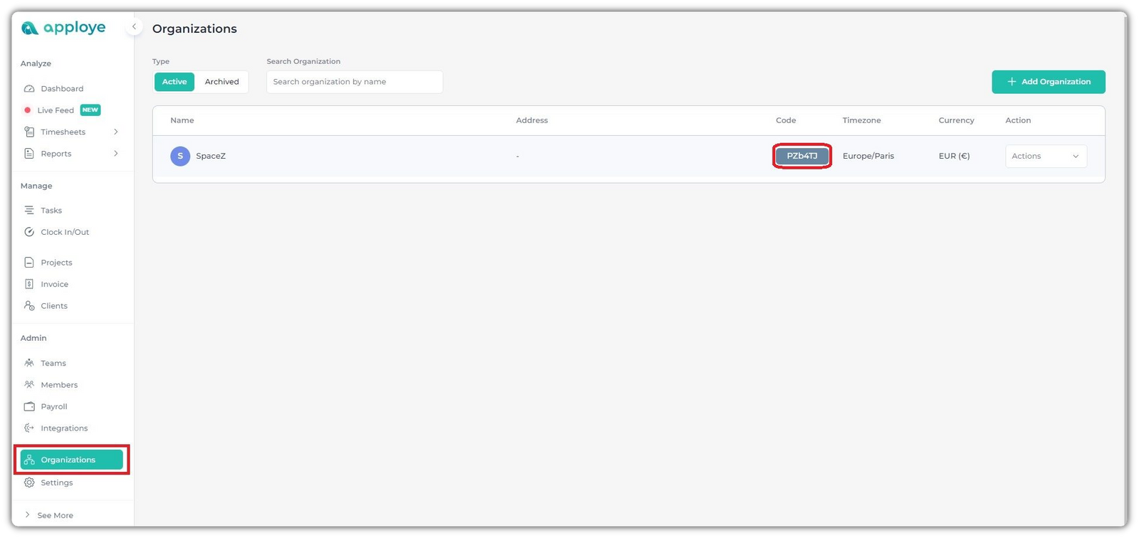 How to find the organization code in Apploye